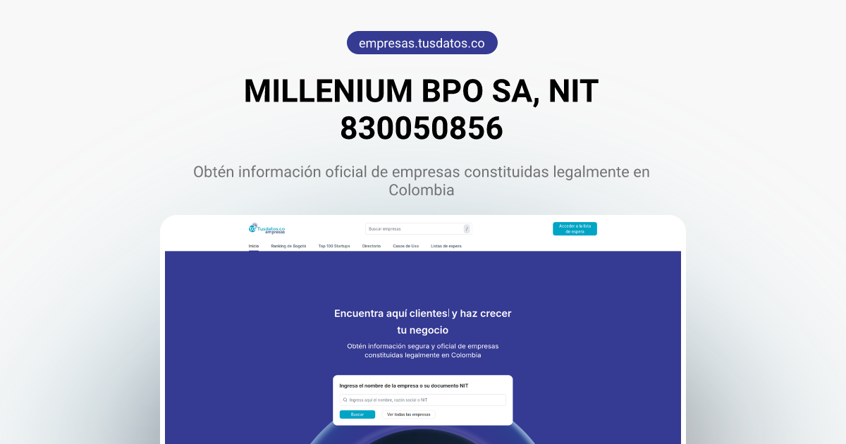 MILLENIUM BPO SA | 830050856 | Tusdatos Empresas